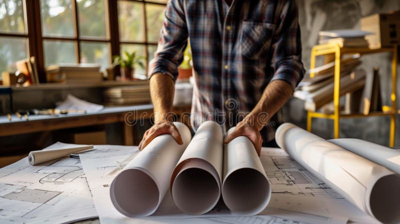 Image of a Male Architect Working with Blueprints in the Office Stock ...