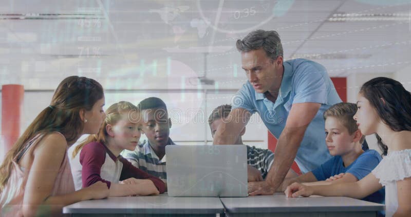Image of Male Teacher Teaching Multiracial Students with Laptop Over ...