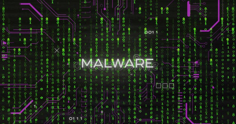 Image Of Malware Text And Binary Coding Data Processing Over Circuit Board Stock Illustration