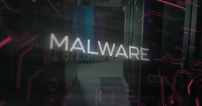 Image of Malware Text in Circuit Board Pattern Over Server Room in ...