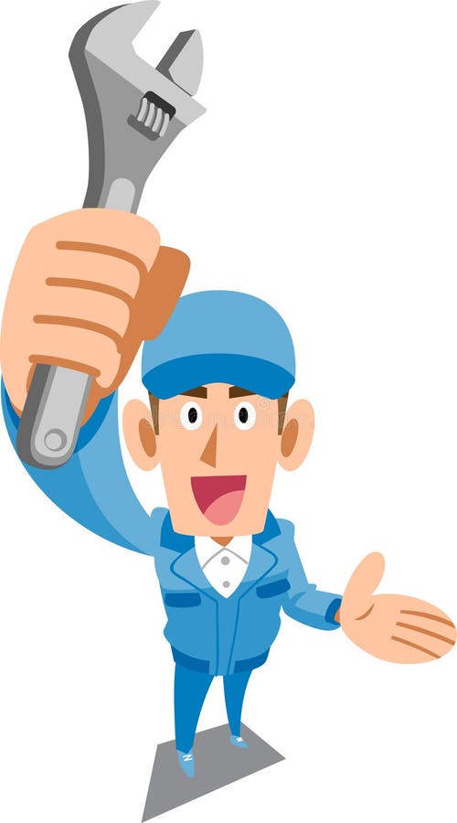 A Man in Blue Work Clothes Who Raises a Spanner and Proposes Stock ...