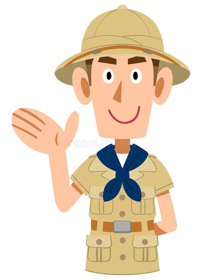 A Man in Explorer Clothes Who Guides with His Palm Upper Body Stock ...
