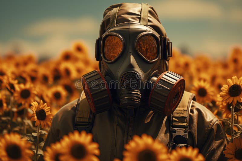 An Image of Man in Gas Mask on Sunflower Field Stock Illustration ...