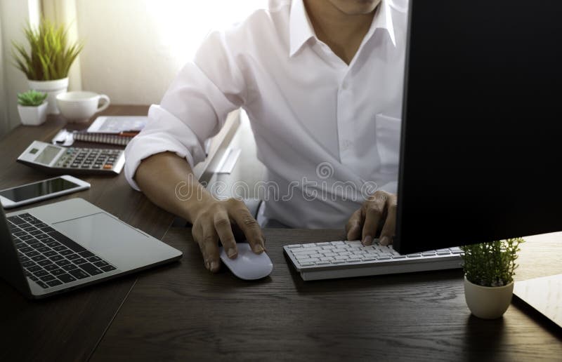 Image of Man Hand Using and Typing Keyboard Computer with Laptop on ...