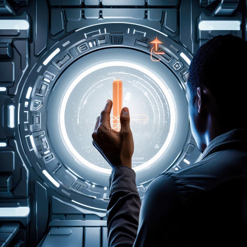 Man Holding a Advanced AI Driven Device in Front of a Futuristic ...