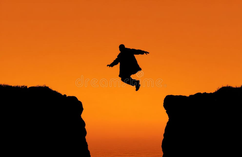 The Image of a Man Jumping between Cliffs at Sunrise, with Clouds and ...