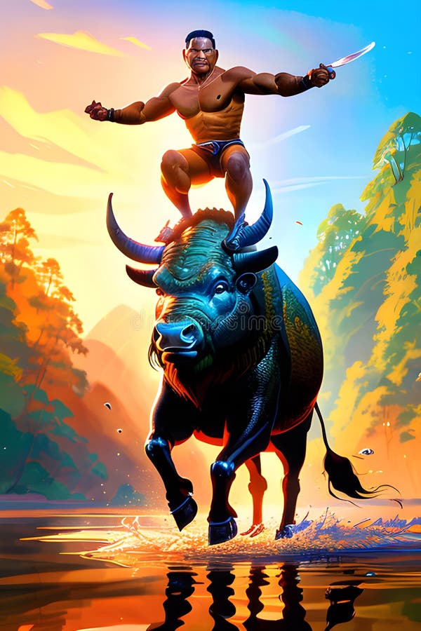 Image of the Man Riding Buffalo Racing and Splashing through a Muddy ...