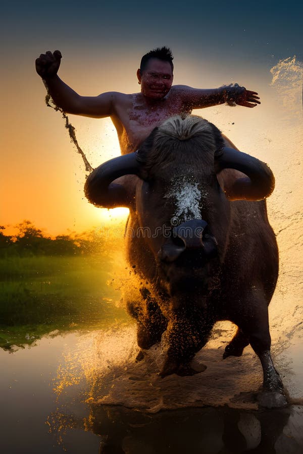 Image of the Man Riding Buffalo Racing and Splashing through a Muddy ...