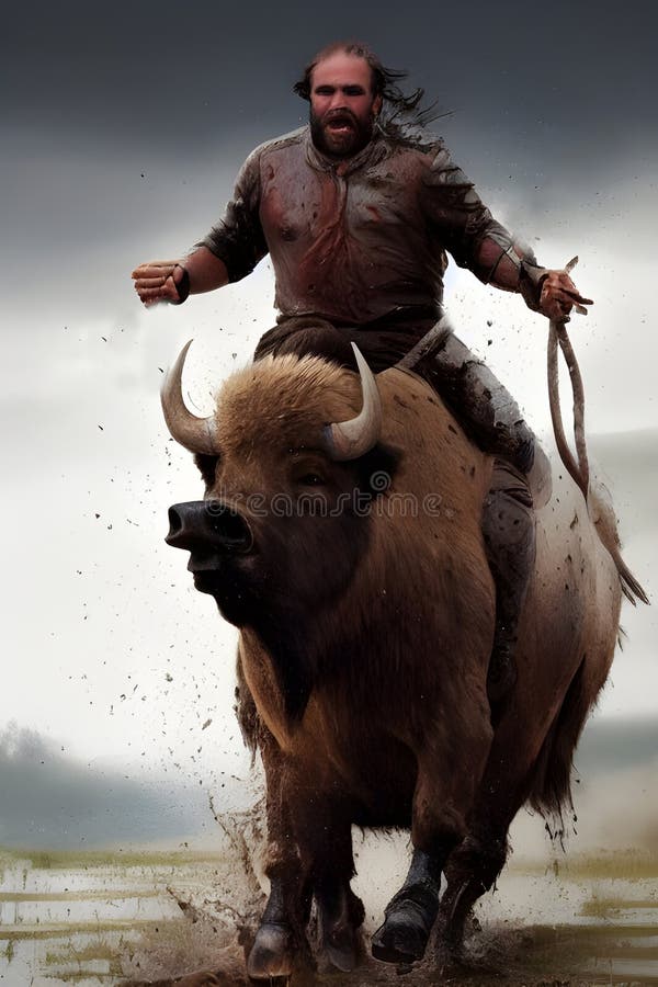 Image of the Man Riding Buffalo Racing and Splashing through a Muddy ...