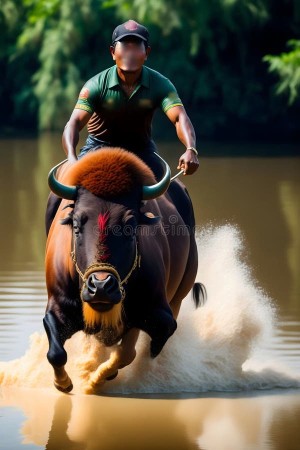 Image of the Man Riding Buffalo Racing and Splashing through a Muddy ...