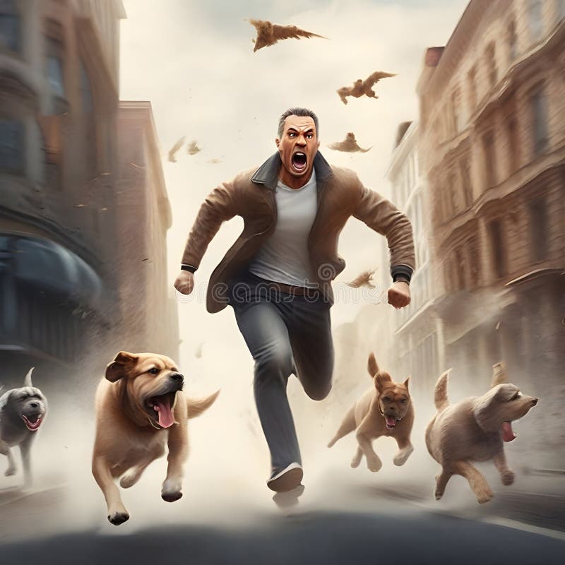 Image of a Man Running with (or Being Chased by) Dogs in the City ...