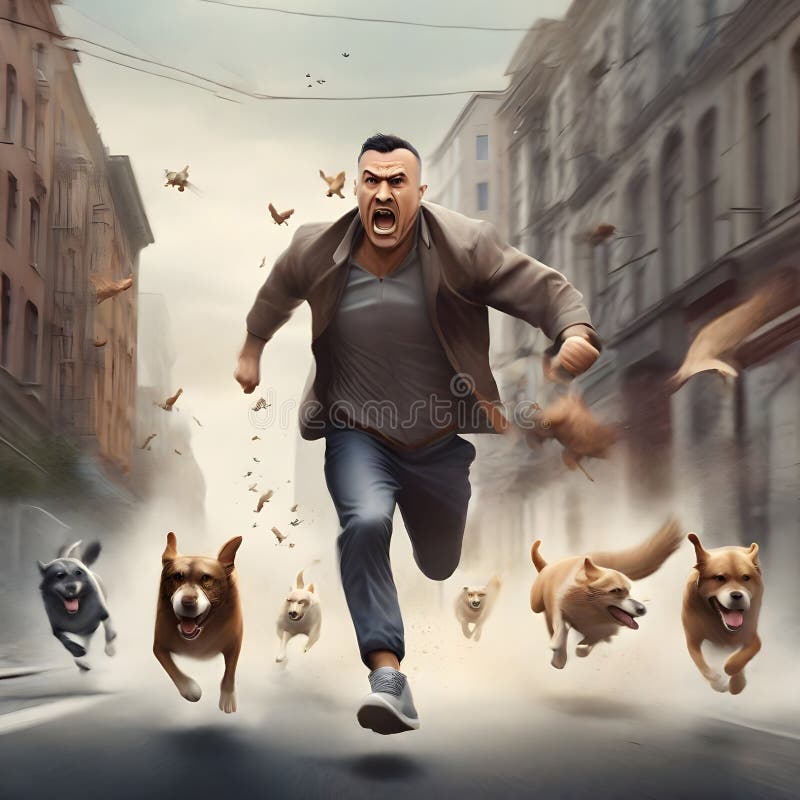 Image of a Man Running with (or Being Chased by) Dogs in the City ...