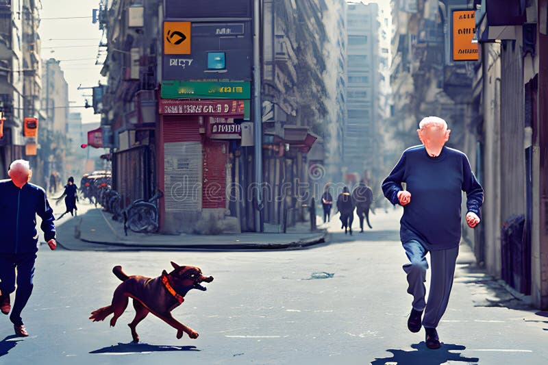 Image of a Man Running with (or Being Chased by) Dogs in the City ...