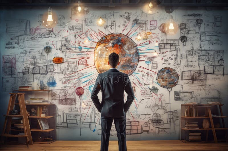 An Image of a Man Standing in Front of a Wall Covered in Various ...