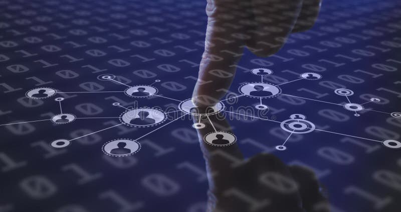 Image of Man Touching Interactive Screen with Network of People Icons and Binary Coding Stock ...