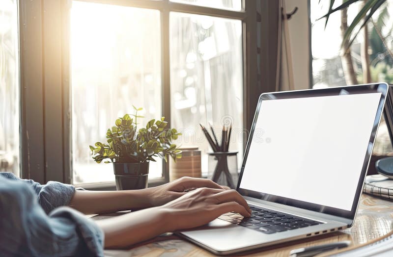 A Person is Using a Laptop Computer with a Mouse for Typing Stock ...