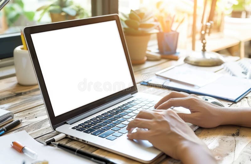 A Person is Using a Laptop Computer with a Mouse for Typing Stock ...