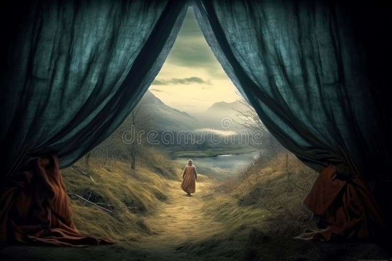 An Image of a Man Walking through an Open Curtain Stock Illustration ...