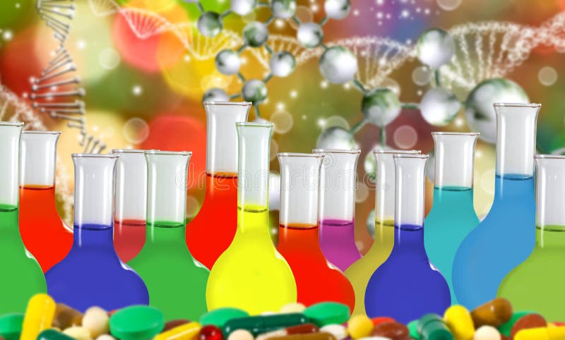 Image of Many Chemical Flasks Closeup Stock Illustration - Illustration ...