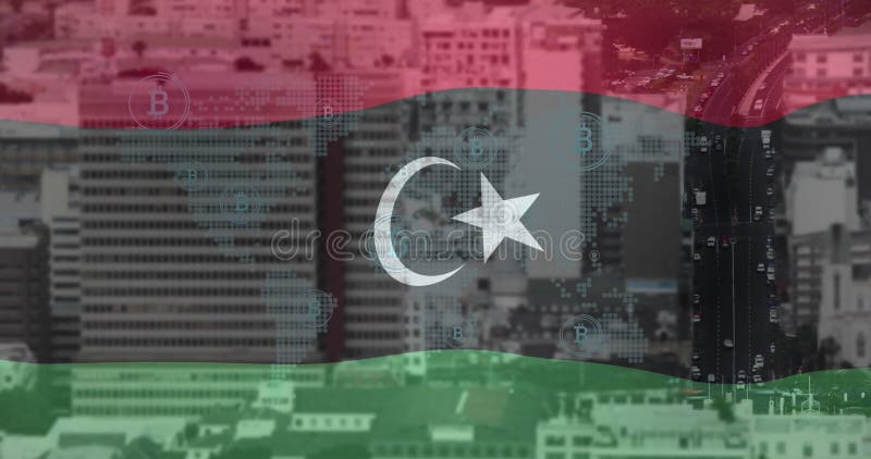 Image of Map and Bitcoin Icons Over Flag of Libya Against Time-lapse of ...