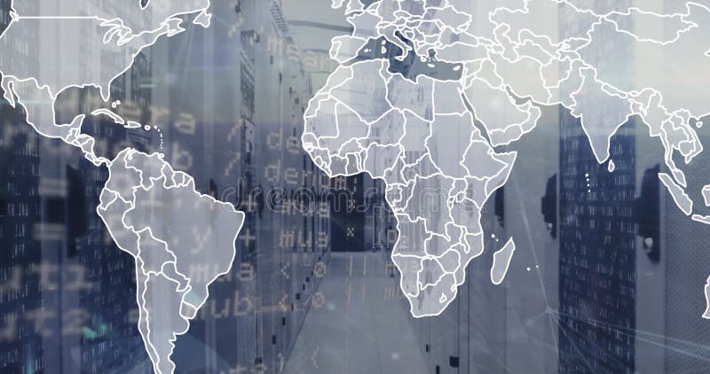 Image Of Map And Computer Language Over Binary Codes On Server Racks In