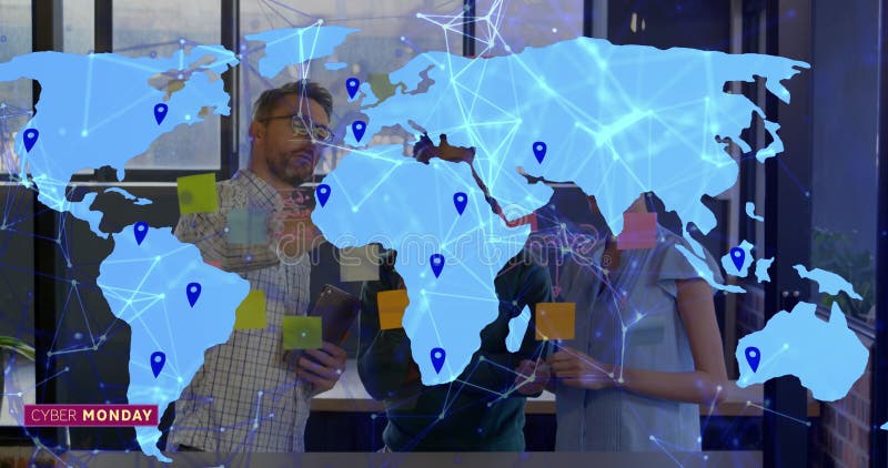 Image of Map with Gps and Connected Dots Over Diverse Colleagues ...