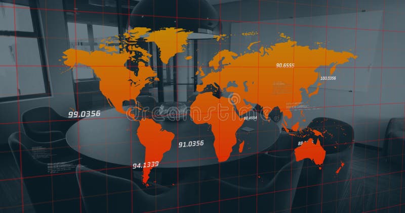 Image of Map and Numbers Over Empty Chairs and Table Arranged in ...