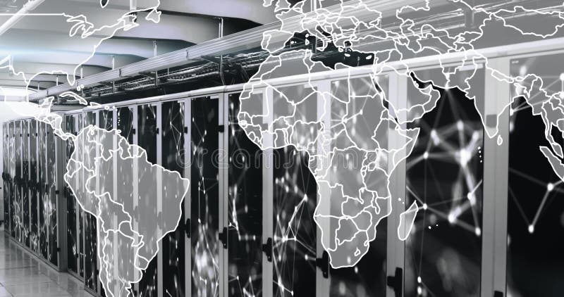 Image of Map Over Connected Dots on Server Racks of Server Room Stock ...