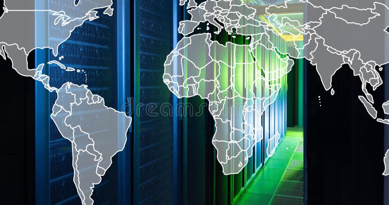 Image of Map Over Illuminated Server Room in Background Stock ...
