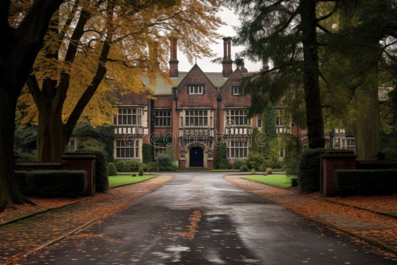 Image of a Massive Tudor Mansion with a Long, Tree-lined Driveway Stock ...