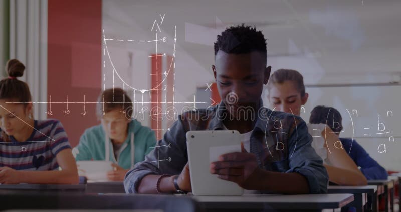 Image of Math Formulas Moving Over African American Boy and Class of ...