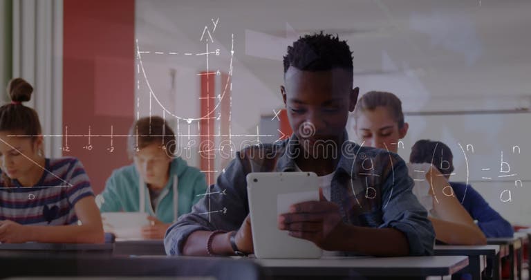 Image of Math Formulas Moving Over African American Boy and Class of ...