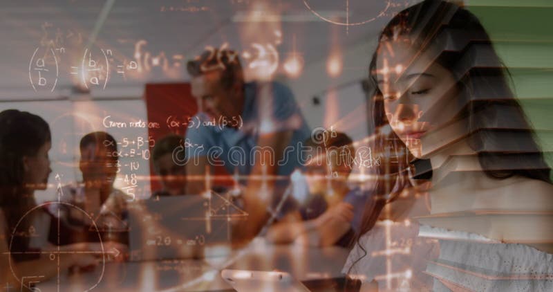 Image of Math Formulas Moving Over Biracial Girl Using Smartphone at ...