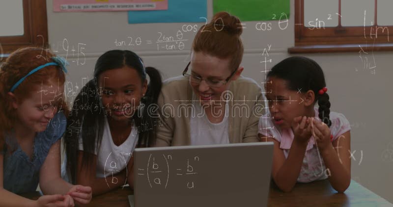 Image of Math Formulas Moving Over Diverse Female Teacher and Pupils ...