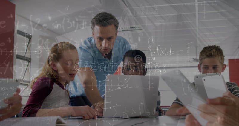 Image of Math Formulas Moving Over Diverse Male Teacher and Pupils ...