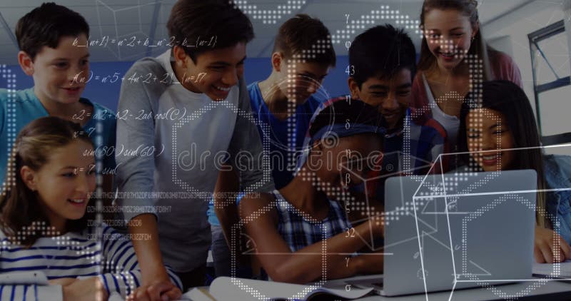 Image of Math Formulas Moving Over Happy Diverse Pupils Working on ...