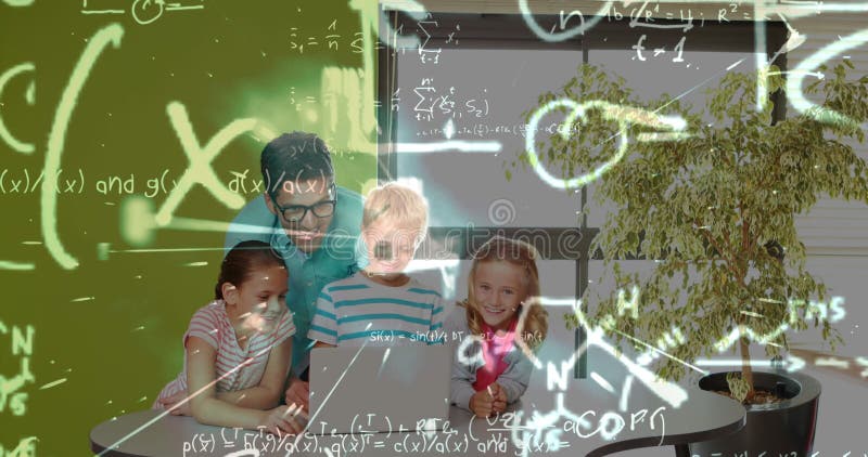 Image of Math Formulas Moving Over Happy Diverse Pupils Working on ...