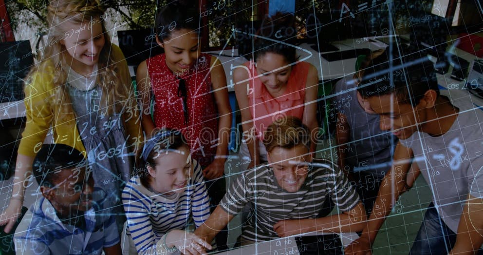 Image of Math Formulas Moving Over Happy Diverse Pupils Working on ...