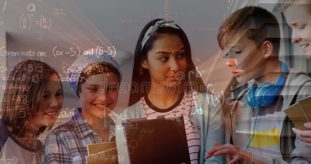 Image of Math Formulas Moving Over Happy Diverse Pupils Working on ...