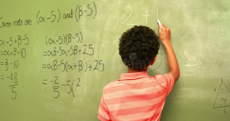 Image of Math Formulas Over Back View of Biracial Boy Writing on Black ...