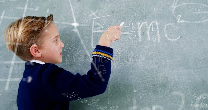 Image of Math Formulas Over Caucasian Boy Writing on Blackboard Stock ...