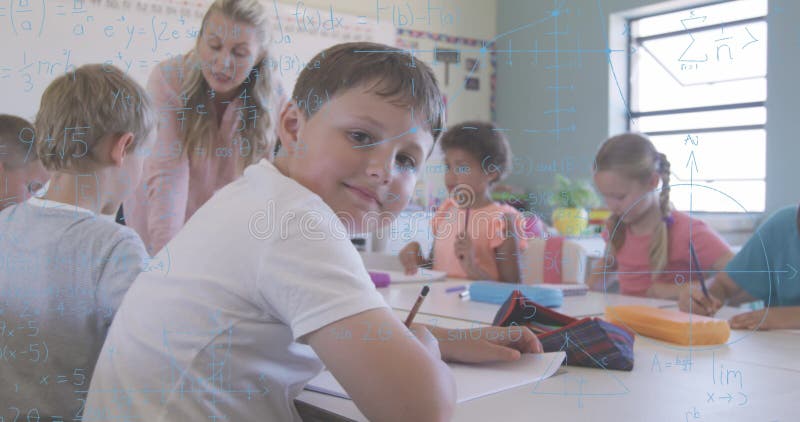 Image of Math Formulas Over Caucasian Pupils Learning at School Stock ...
