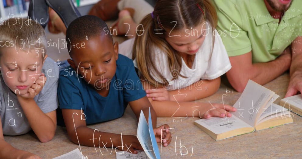 Image of Math Formulas Over Diverse Children Reading Books at School ...