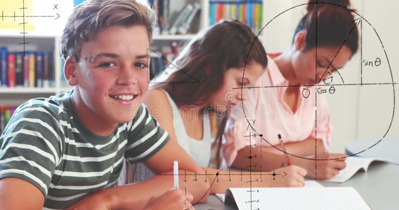 Image of Math Formulas Over Diverse Pupils Learning at School Stock ...