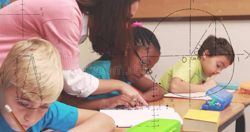Image of Math Formulas Over Diverse Pupils Learning at School Stock ...