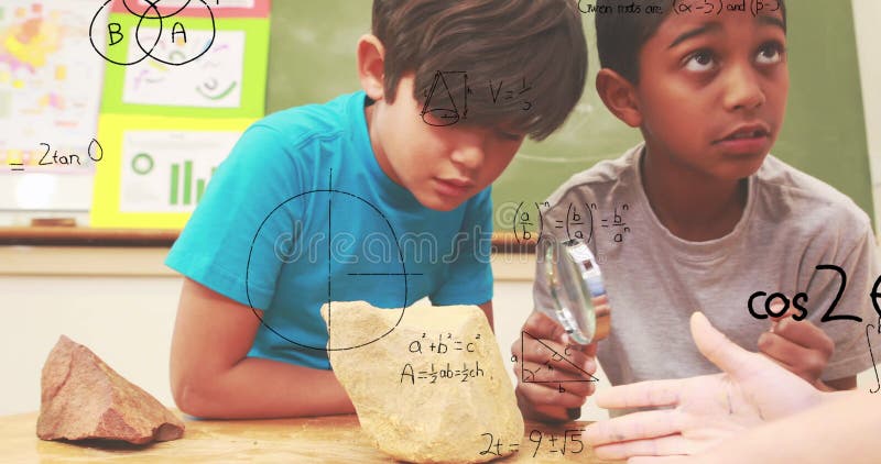 Image of Math Formulas Over Diverse Pupils with Magnifier at School ...