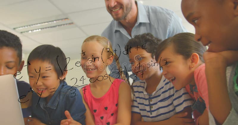 Image of Math Formulas Over Diverse Pupils and Male Teacher at School ...