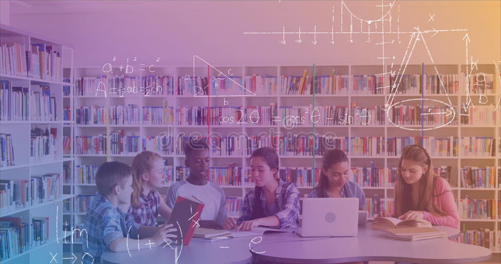 Image of Math Formulas Over Diverse Pupils Using Laptops Stock Image ...