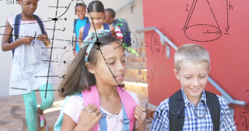 Image of Math Formulas Over Diverse Pupils Walking on School Corridor ...