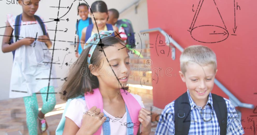 Image of Math Formulas Over Diverse Pupils Walking on School Corridor ...